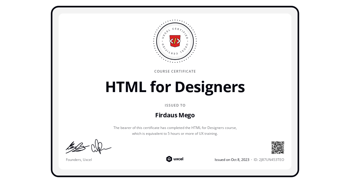 Certificate of completion for HTML Foundations | Uxcel